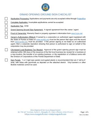 Fillable Online GRAND OPENING GROUND SIGN CHECKLIST - Margate, FL Fax ...