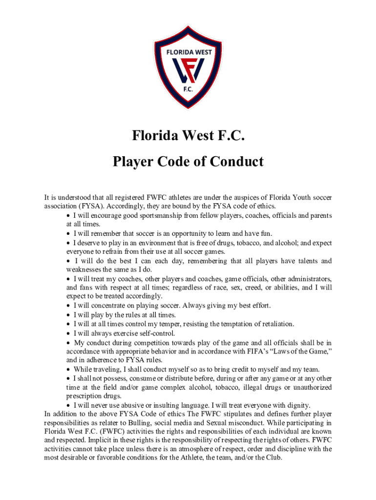 Fillable Online Florida West FC Player Code of Conduct Fax Email Print ...