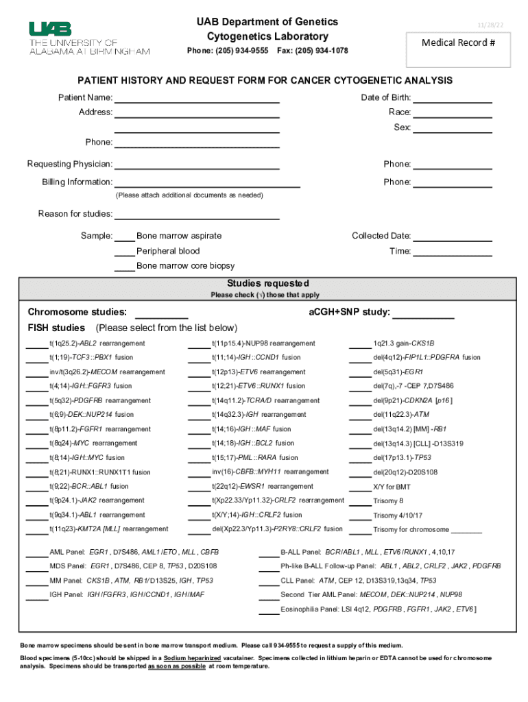 Fillable Online Patient History and Request Form for Cancer Cytogenetic ...