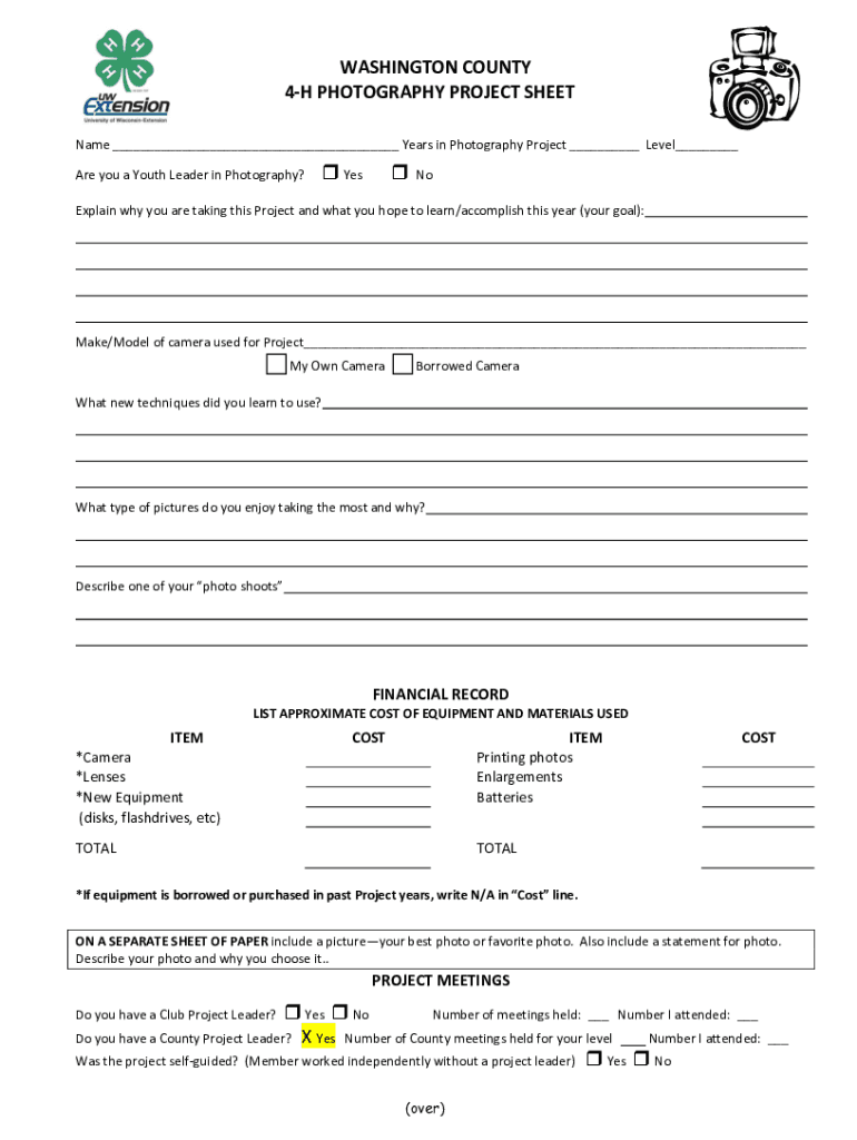Fillable Online 4-H Youth Development Photography Project Worksheet Fax Email Print - pdfFiller