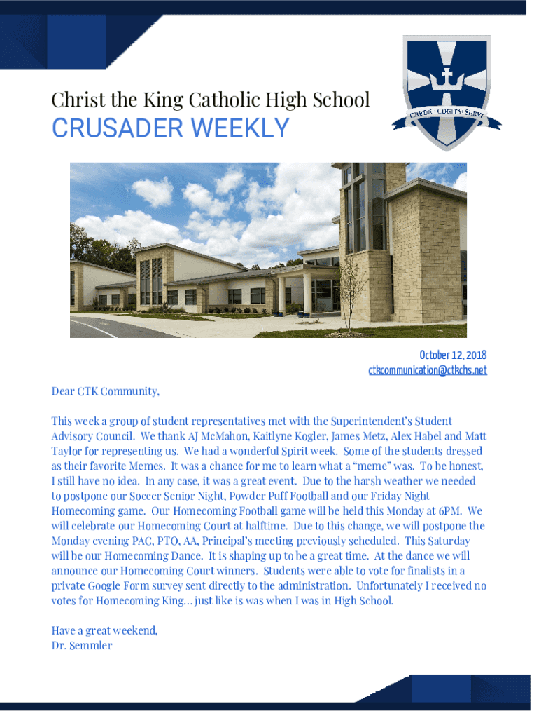 Fillable Online Crusader Weekly - Christ the King Catholic High School Fax Email Print - pdfFiller