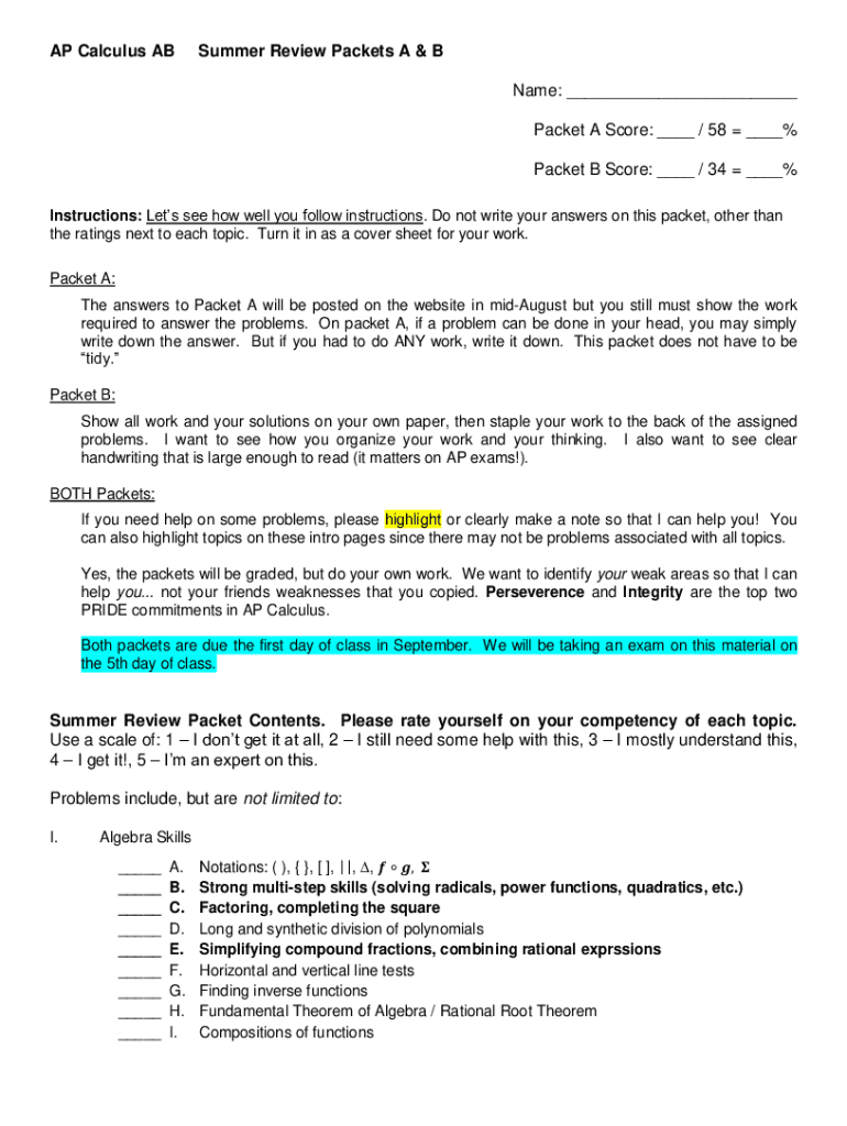 Fillable Online Summer Review Packet For Students Entering AP Calculus ...