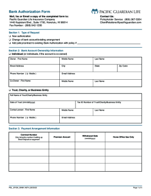 Fillable Online Bank Authorization Form - Pacific Guardian Life Fax ...