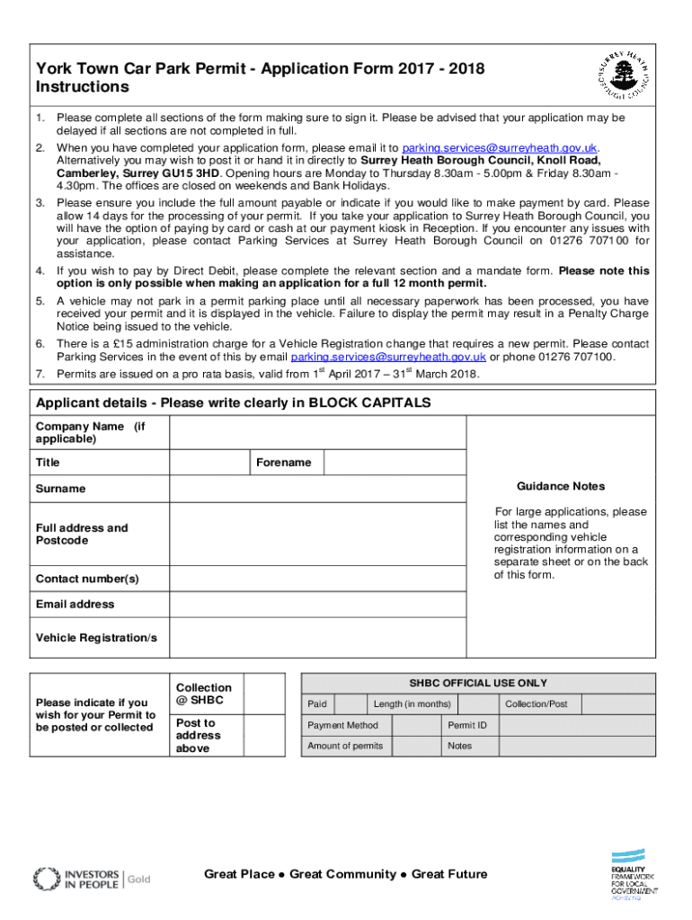 Fillable Online York Town Car Park Permit - Application Form 2017 ...