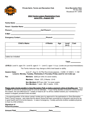 Fillable Online 2022 Tennis Lesson Registration Form June 27thAugust ...