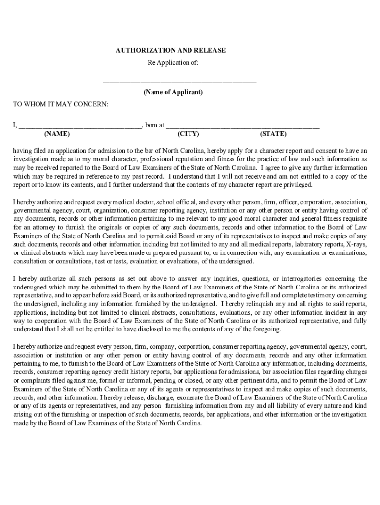 Fillable Online AUTHORIZATION AND RELEASE Re Application of: (Name of ... Fax Email Print ...