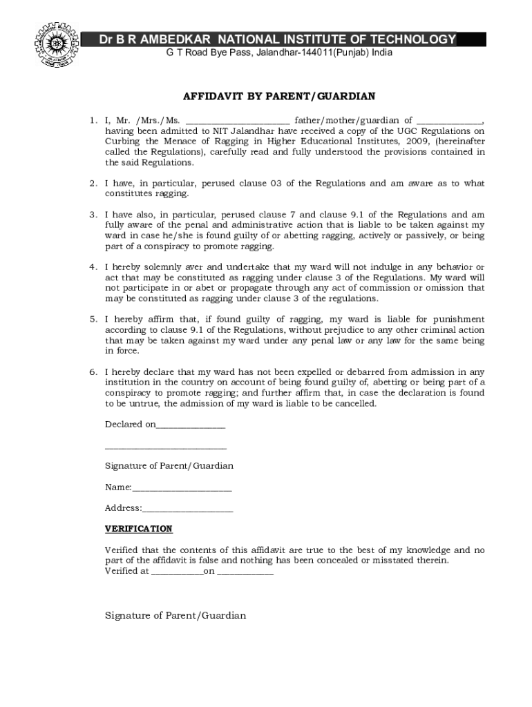Fillable Online Anti Ragging Affidavit by Parents-Gaurdian.doc Fax ...