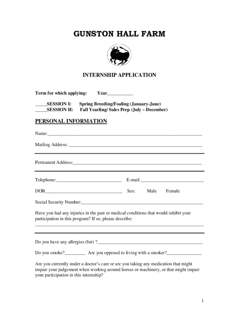 Fillable Online Internship Application - Gunston Hall Farm Fax Email ...