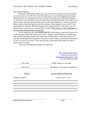 Fillable Online Culinary Arts Food Lab Allergy Form - Rossview High ...