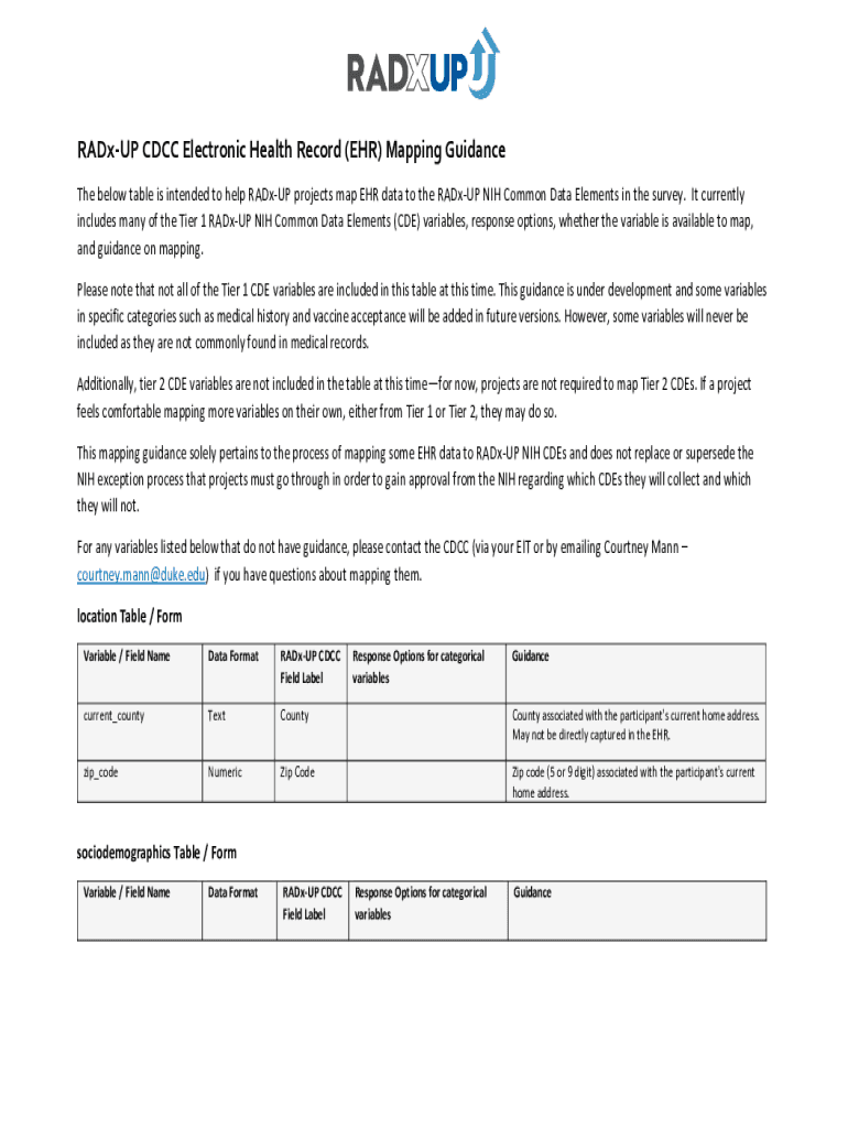 Fillable Online RADx-UP CDCC Electronic Health Record (EHR) Mapping ...