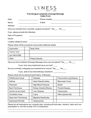 Fillable Online Post-Surgical Lymphatic Drainage Massage Intake Form ...