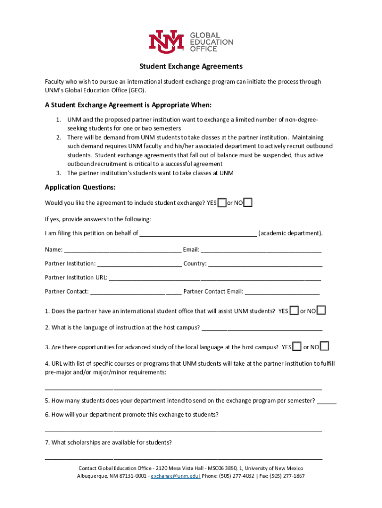 Fillable Online Establishing a Reciprocal Student Exchange Agreement Fax Email Print - pdfFiller
