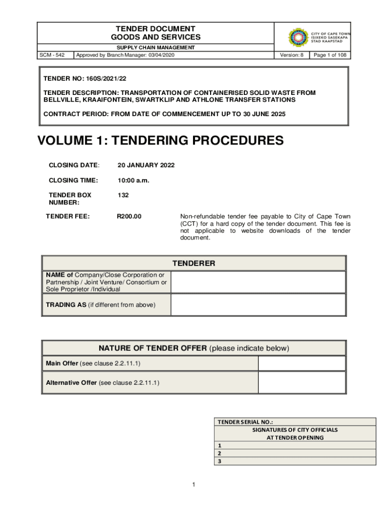 Fillable Online TENDER DESCRIPTION: TRANSPORTATION OF CONTAINERISED SOLID WASTE FROM Fax Email ...