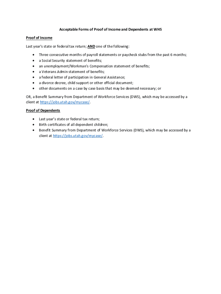 Fillable Online Acceptable Forms of Proof of Income and Dependents at ...