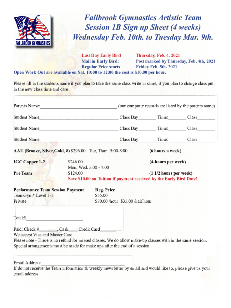 Fillable Online Fallbrook Gymnastics Artistic Team Session 1B Sign up Sheet (4 ... Fax Email ...