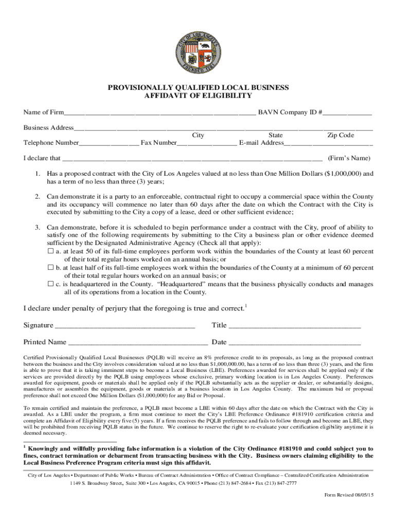 Fillable Online bca lacity Provisionally Qualified Local Business ...