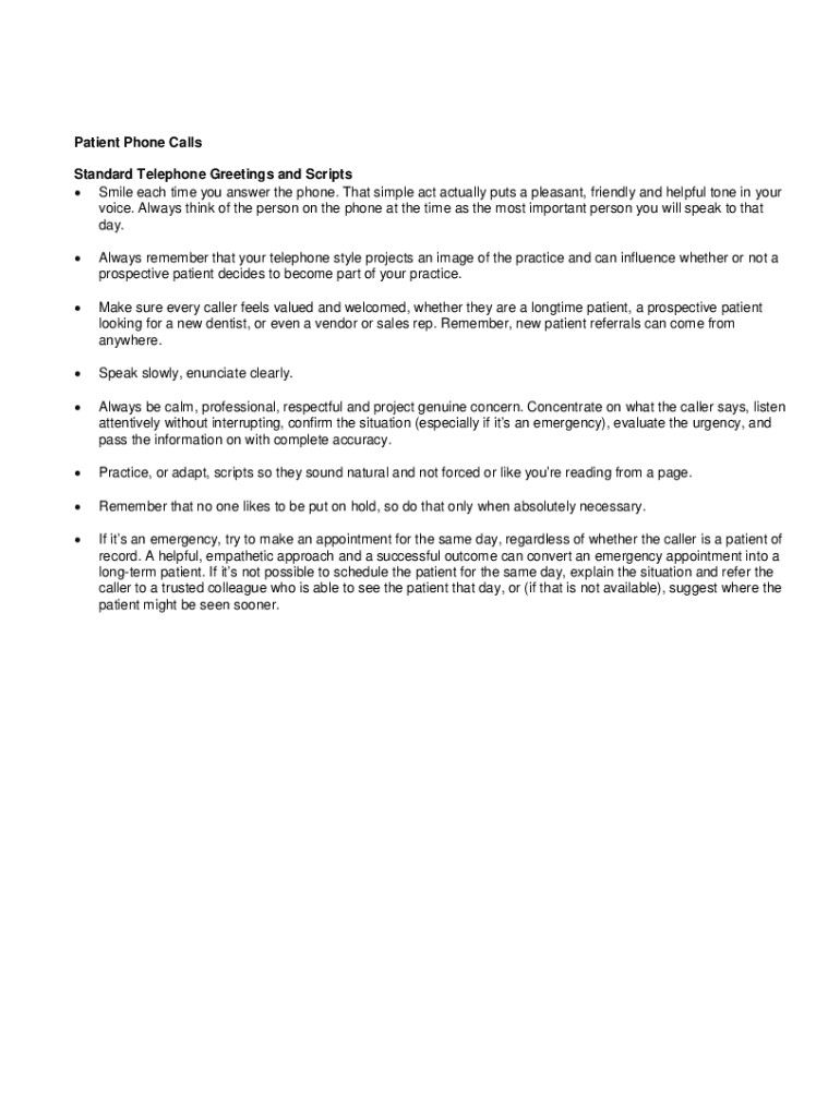 Fillable Online Patient Phone Calls Standard Telephone Greetings and ...