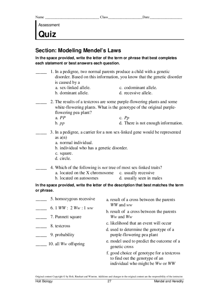 Fillable Online Section: Modeling Mendel's Laws Fax Email Print - pdfFiller