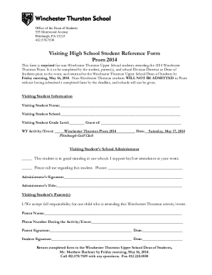 Fillable Online Visiting High School Student Reference Form Prom 2014 ...