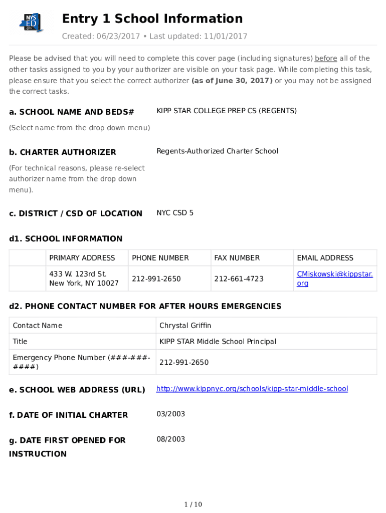 Fillable Online Entry 1 School Information - KIPP NYC Fax Email Print - pdfFiller