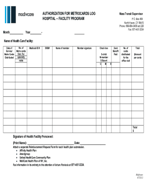 Fillable Online authorization for metrocards log - Mymodivcare.com Fax ...