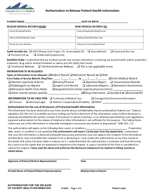 Fillable Online Authorization for the Release of Patient Health ...