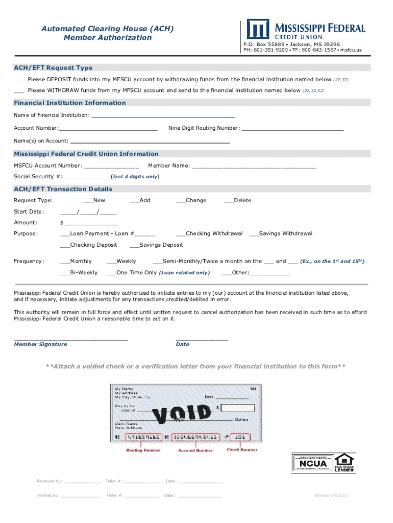 Fillable Online Automated Clearing House (ACH) Member Authorization Fax ...