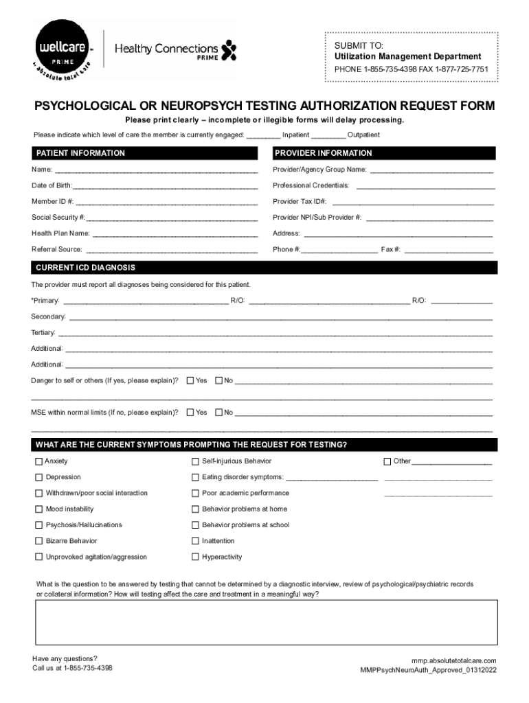 Fillable Online PSYCHOLOGICAL OR NEUROPSYCH TESTING AUTHORIZATION ...