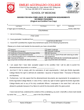 Fillable Online eac edu Admissions - Manila Campus - Emilio Aguinaldo ...