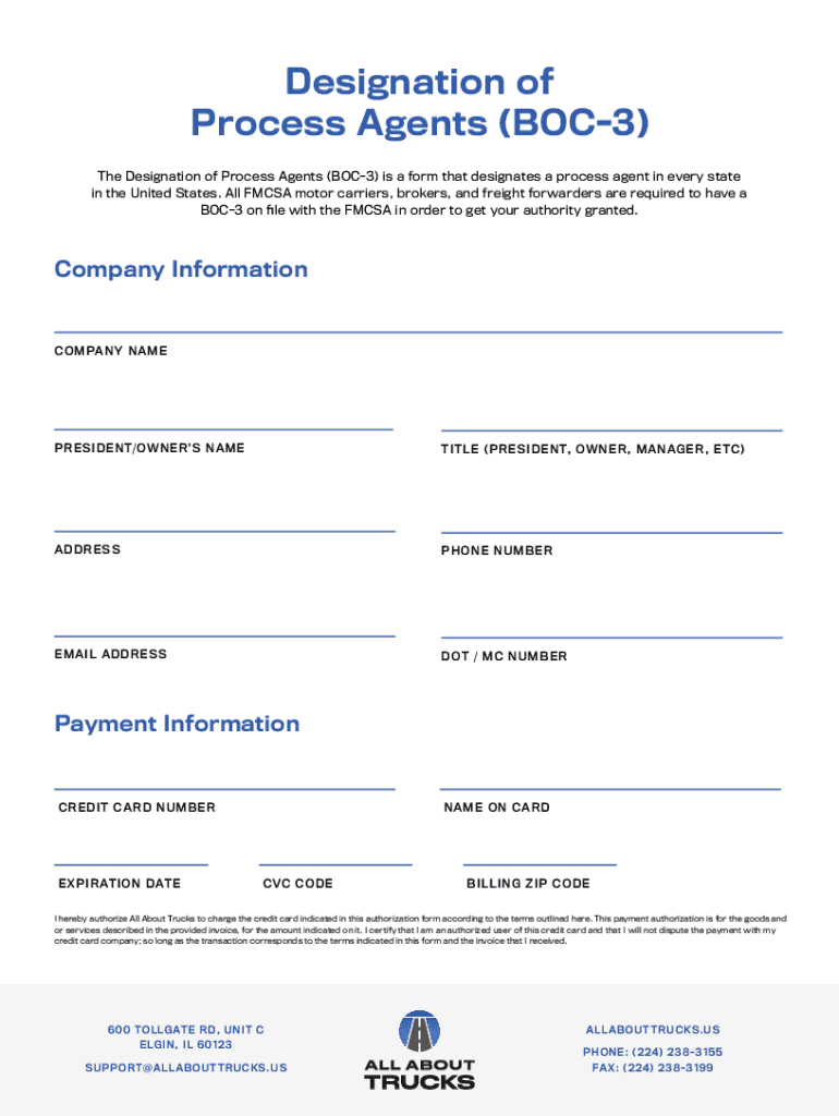 Fillable Online BOC 3 Form Filing FMCSA Processing Agent Fax Email Fillable Online BOC 3 Form Filing FMCSA Processing Agent Fax Email