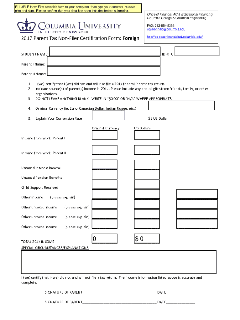 Fillable Online 2021 Parent Tax Non-Filer Certification Form Fax Email ...