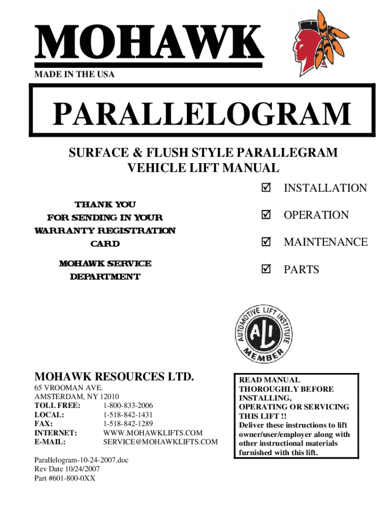Fillable Online PARALLELOGRAM - Mohawk Lifts Fax Email Print - pdfFiller