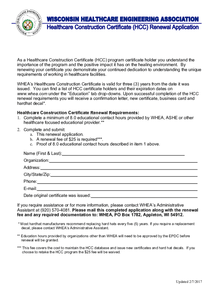 Fillable Online Health Care Construction (HCC) Certificate Workshop Fax ...