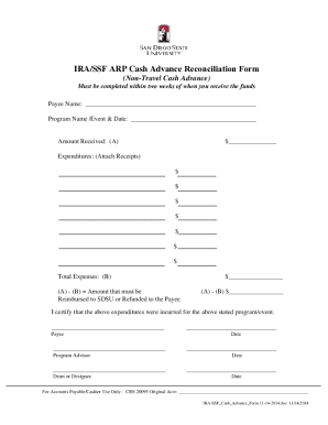Fillable Online bfa sdsu IRA/SSF ARP Cash Advance Reconciliation Form ...