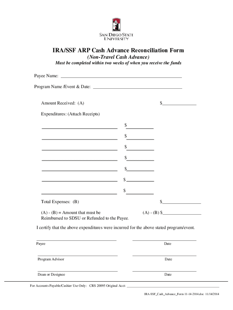 Fillable Online bfa sdsu IRA/SSF ARP Cash Advance Reconciliation Form ...