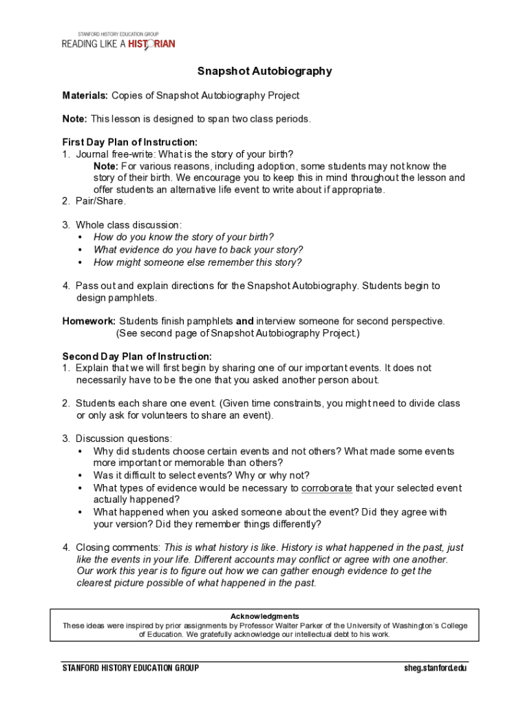 Fillable Online Snapshot Autobiography Project - Fill Online, Printable ...
