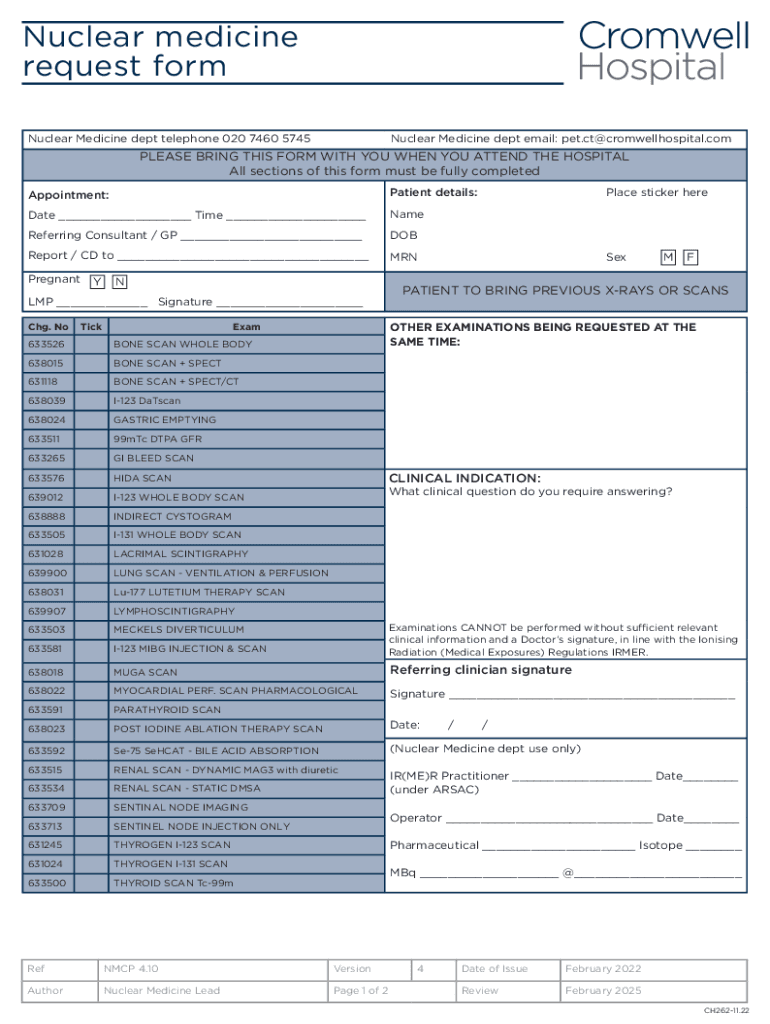 Fillable Online NUCLEAR MEDICINE REQUEST FORMCromwell Hospital Fax Email Print - pdfFiller