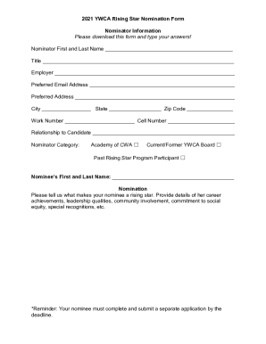 Fillable Online 2021 YWCA Rising Star Leadership Program Nomination Form Fax Email Print - pdfFiller