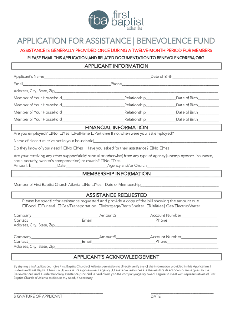 Fillable Online APPLICATION FOR ASSISTANCEBENEVOLENCE FUND Fax Email ...