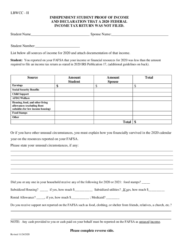 Fillable Online II INDEPENDENT STUDENT PROOF OF INCOME AND ... - LBWCC Fax Email Print - pdfFiller