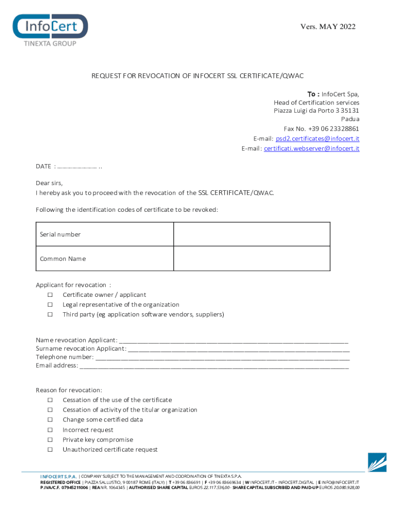 Fillable Online request for revocation of infocert ssl certificate/qwac Fax Email Print - pdfFiller