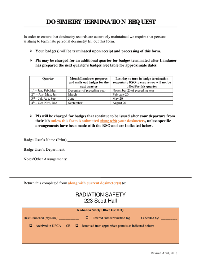 Fillable Online research okstate DOSIMETRY TERMINATION REQUEST FORM ...