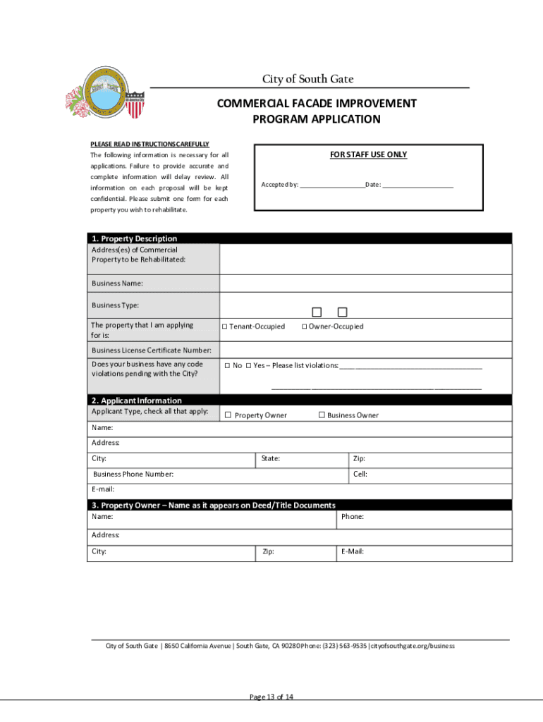 Fillable Online COMMERCIAL FACADE IMPROVEMENT ... - City of South Gate Fax Email Print - pdfFiller