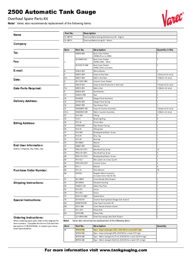 Fillable Online 2500 Automatic Tank Gauge Overhaul Spare Parts Kit ...