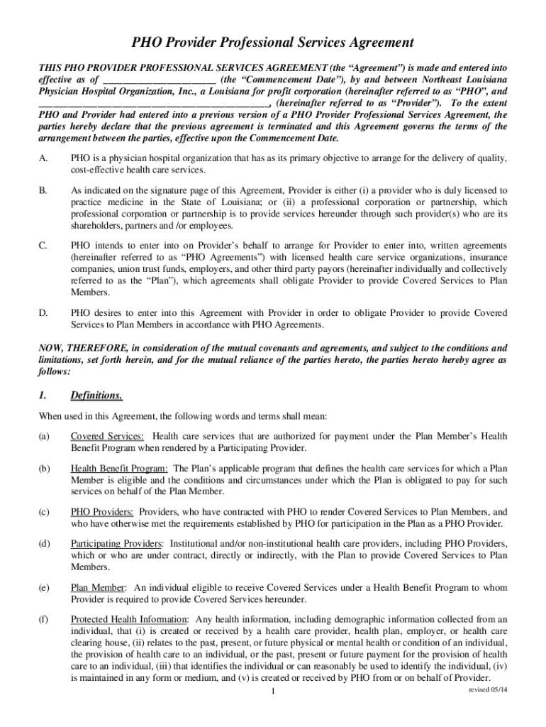 Fillable Online PHO Provider Professional Services Agreement Fax Email ...