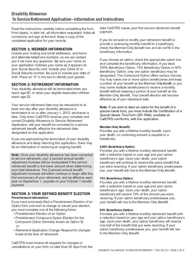 Fillable Online Disability Allowance To Service Retirement Application ...