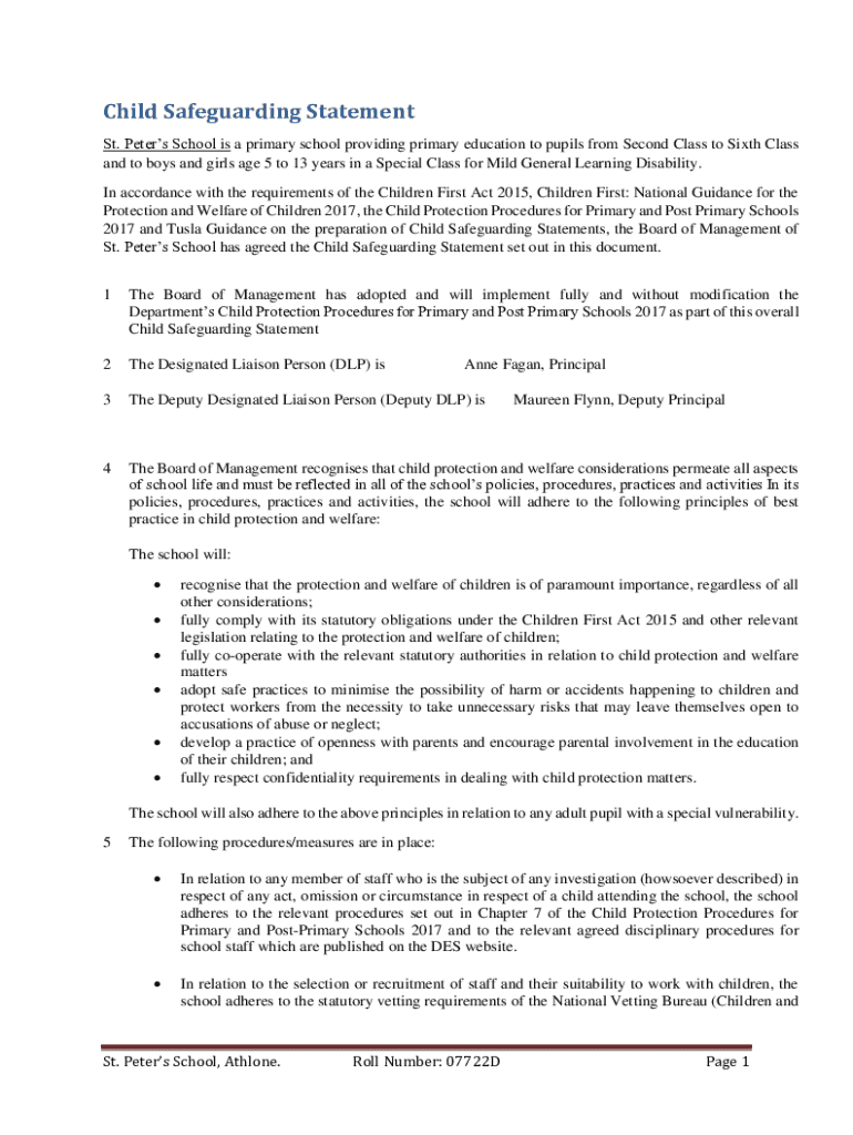 Fillable Online Child Safeguarding Statement - St Peter's Primary ...