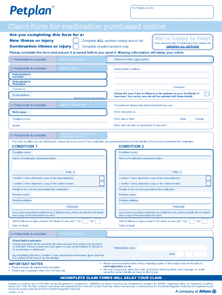 Fillable Online Claim form for medication purchased online Fax Email ...