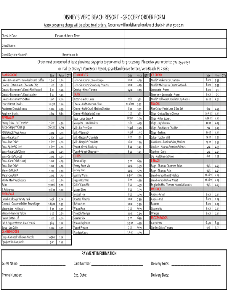 Fillable Online DISNEY'S VERO BEACH RESORT - GROCERY ORDER FORM Fax ...