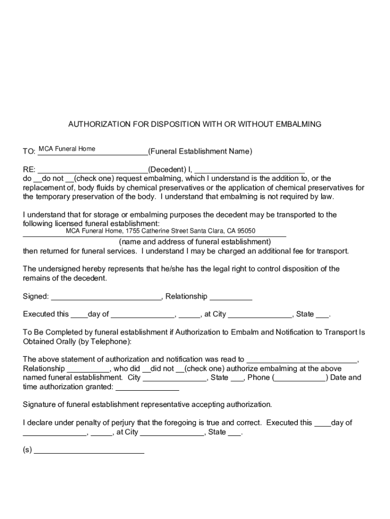 Fillable Online Authorization for Disposition With or Without Embalming ...